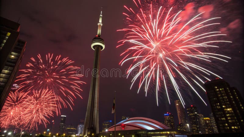 Vibrant Display of Fireworks Explodes Over the Toronto Skyline, Iconic ...