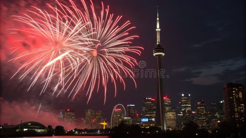 Vibrant Display of Fireworks Explodes Over the Toronto Skyline, Iconic ...