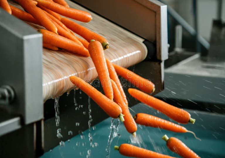 Fresh Carrots Being Washed and Processed on a Conveyor Belt in a ...