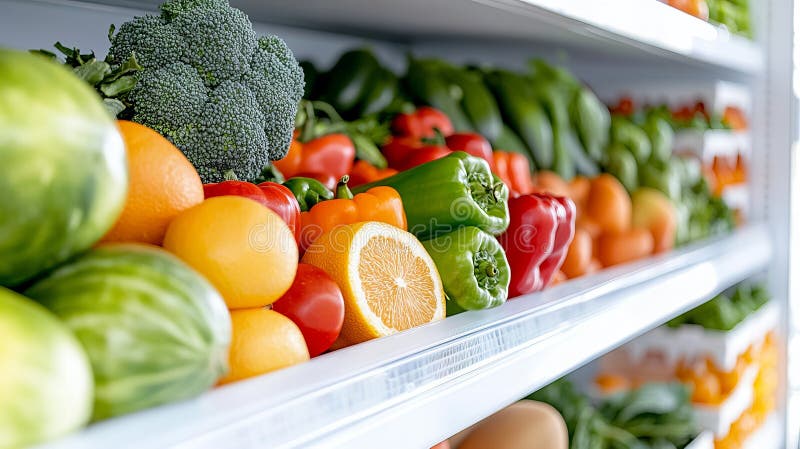 Vibrant Display of Fresh Fruits and Vegetables in Grocery Store Stock Illustration ...