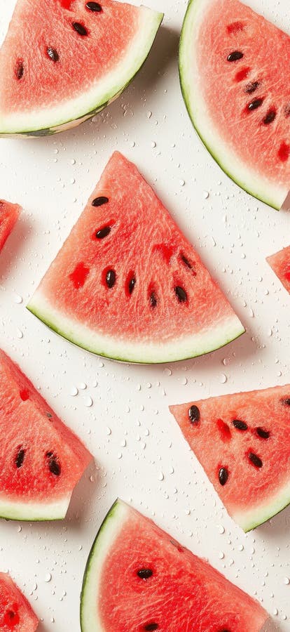 Watermelon Slices with Droplets on White Surface Stock Image - Image of ...