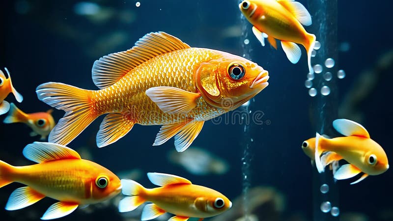 Golden Fish Swimming Gracefully in an Aquarium with Bubbles and Soft ...