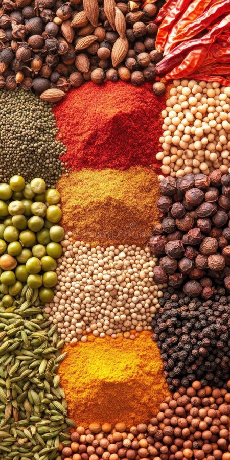 Vibrant Display of Indian Spices in Various Textures and Colors Stock ...