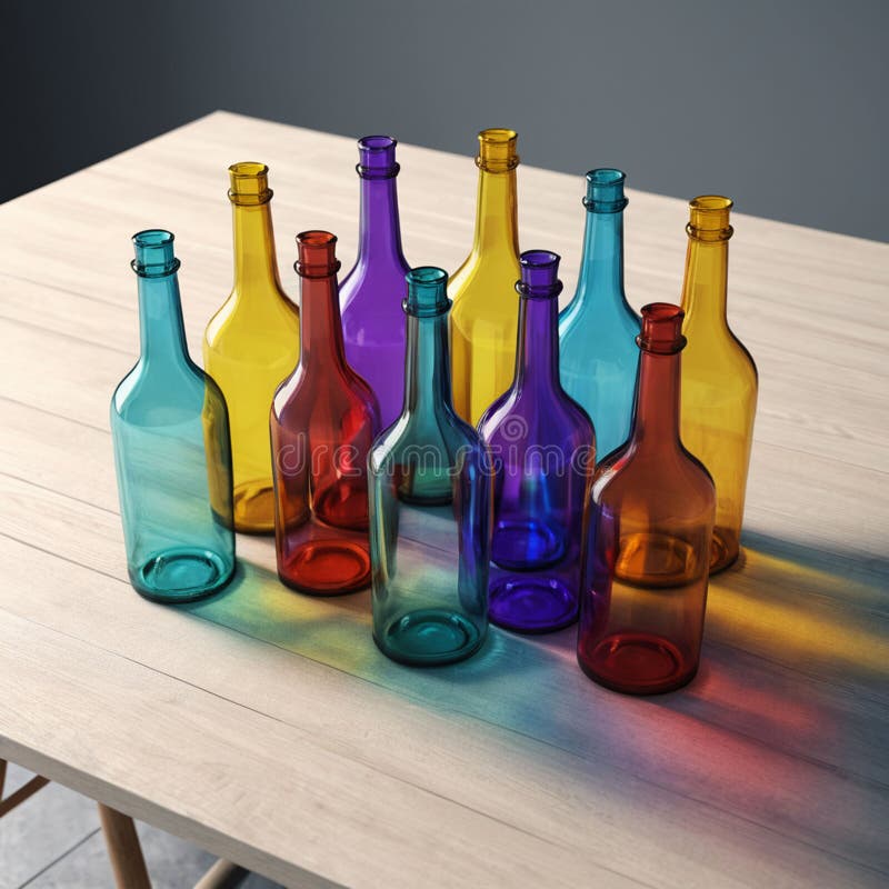 A Vibrant Display of Multi-colored Bottles Arranged on a Table Stock ...