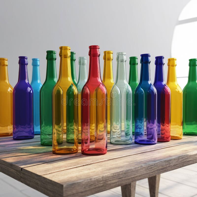 A Vibrant Display of Multi-colored Bottles Arranged on a Table Stock Illustration - Illustration ...