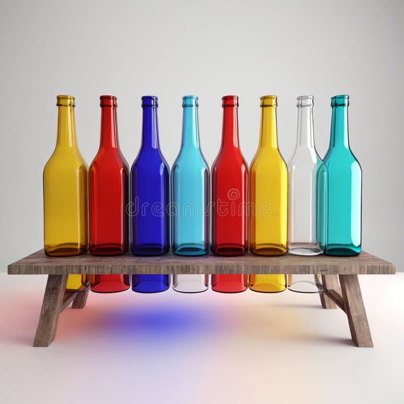 A Vibrant Display of Multi-colored Bottles Arranged on a Table Stock ...