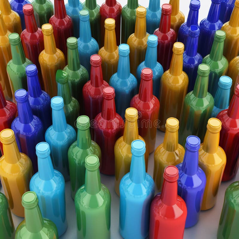 A Vibrant Display of Multi-colored Bottles Arranged on a Table Stock ...