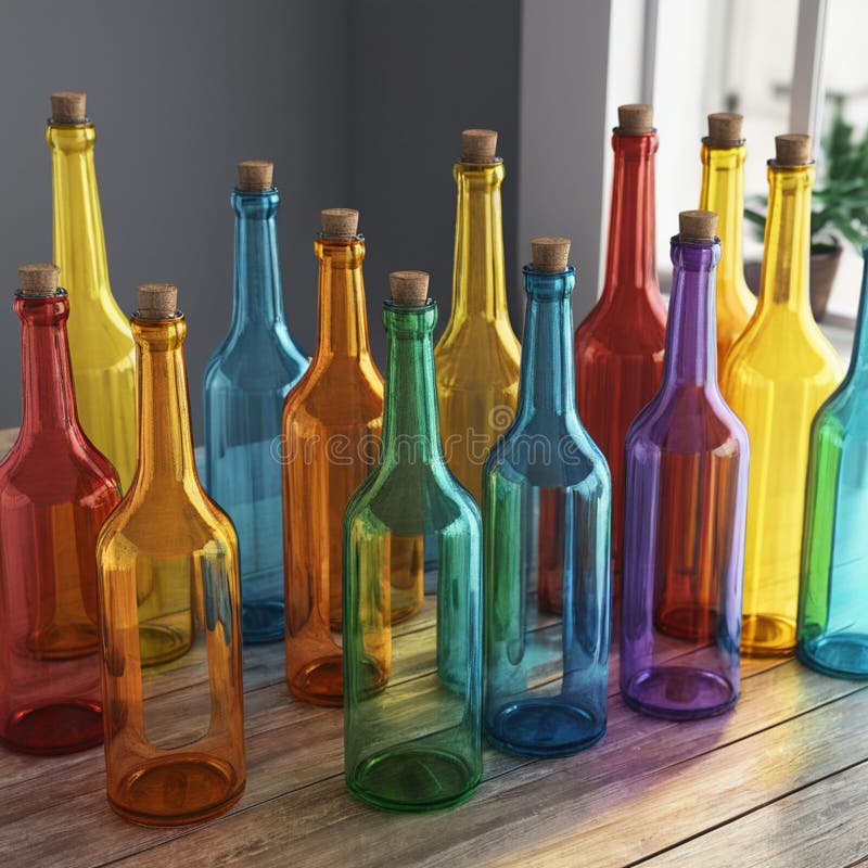 A Vibrant Display of Multi-colored Bottles Arranged on a Table Stock ...
