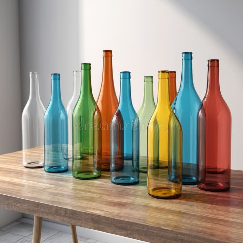 A Vibrant Display of Multi-colored Bottles Arranged on a Table Stock ...