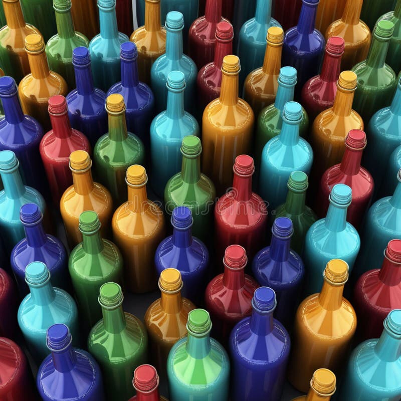 A Vibrant Display of Multi-colored Bottles Arranged on a Table Stock ...