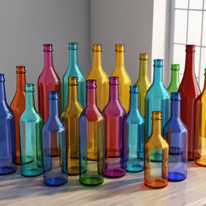 A Vibrant Display of Multi-colored Bottles Arranged on a Table Stock ...