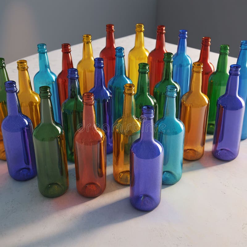 A Vibrant Display of Multi-colored Bottles Arranged on a Table Stock ...