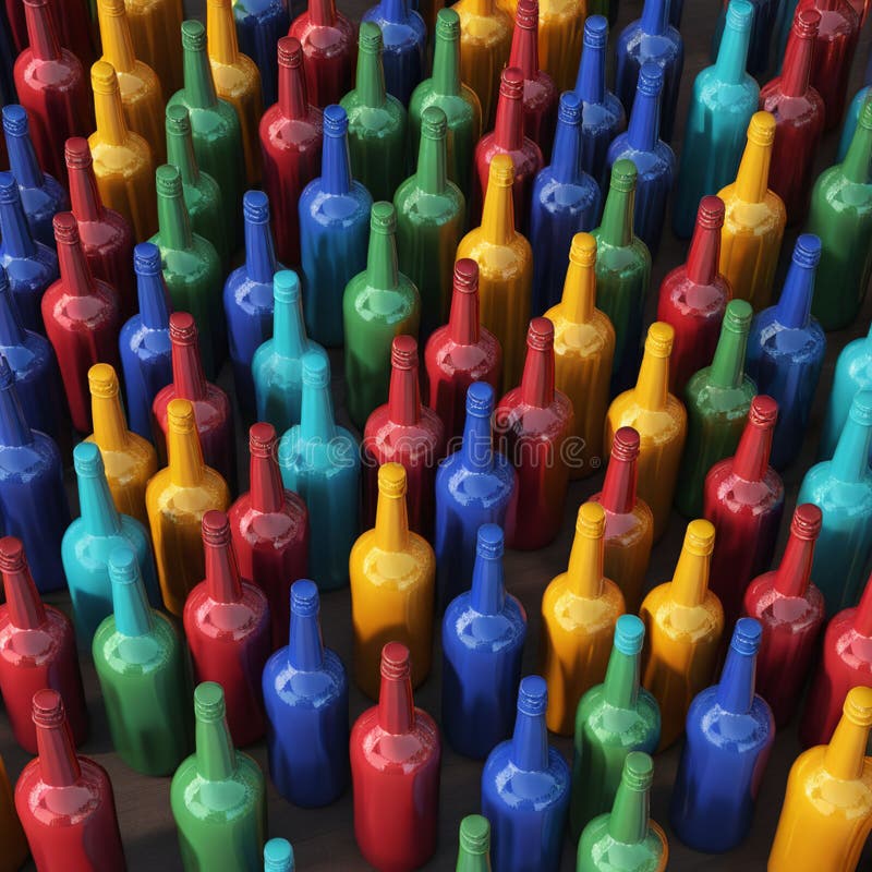 A Vibrant Display of Multi-colored Bottles Arranged on a Table Stock ...