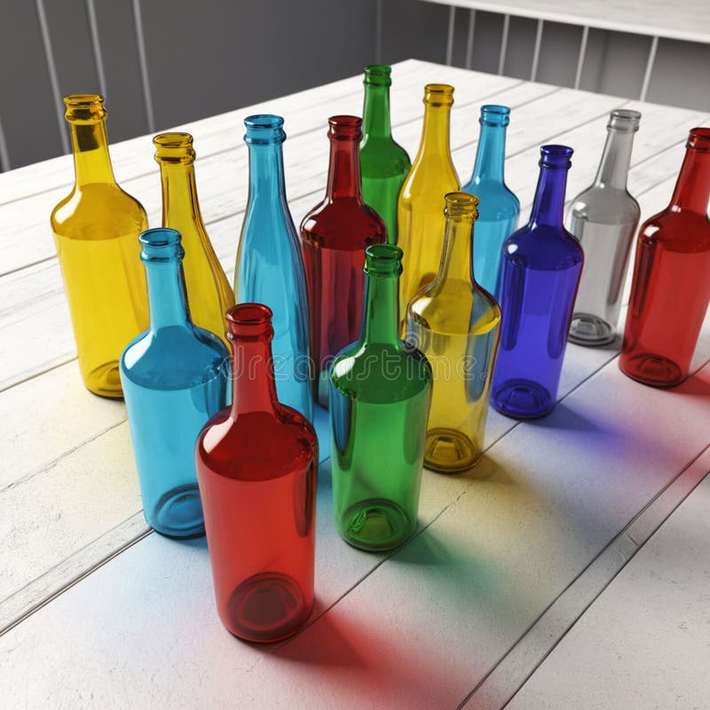 A Vibrant Display of Multi-colored Bottles Arranged on a Table Stock Illustration - Illustration ...