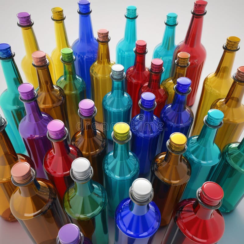 A Vibrant Display of Multi-colored Bottles Arranged on a Table Stock ...