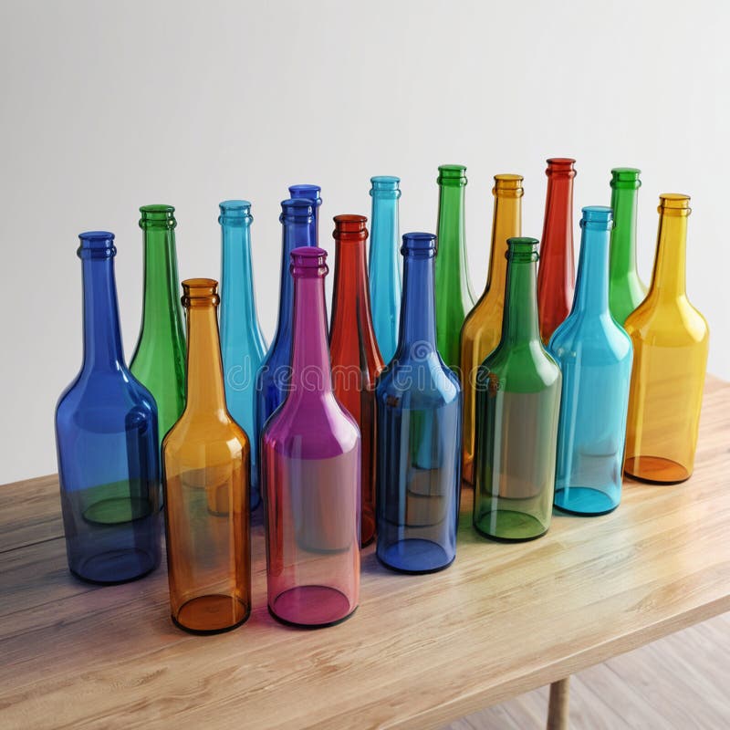 A Vibrant Display of Multi-colored Bottles Arranged on a Table Stock ...