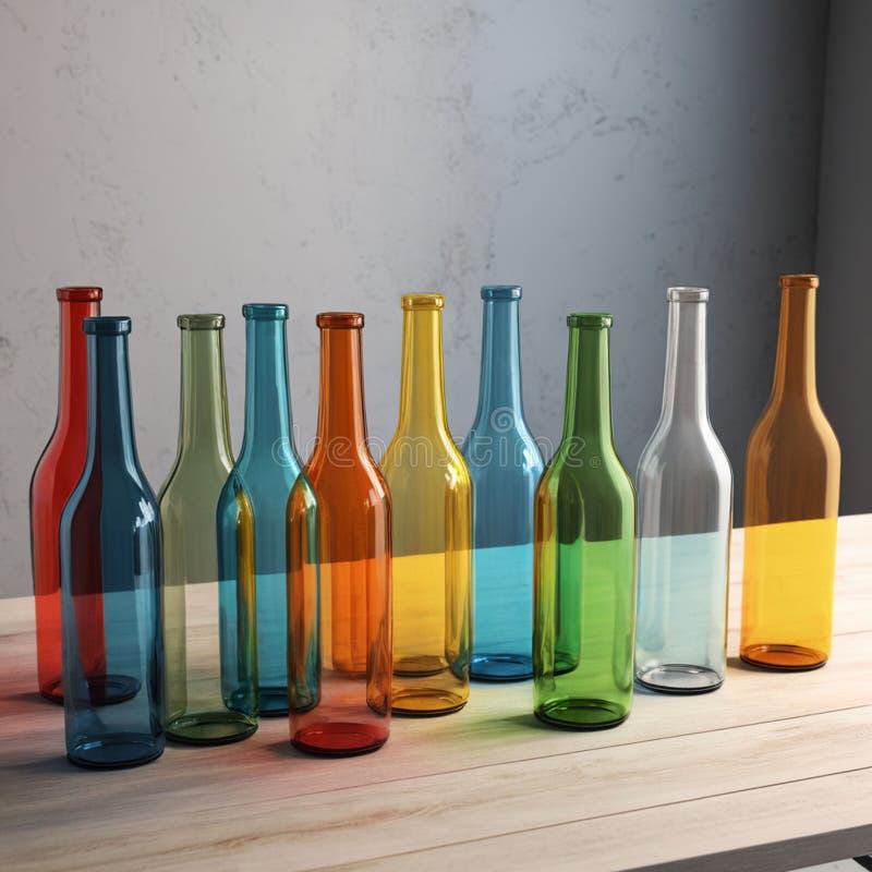 A Vibrant Display of Multi-colored Bottles Arranged on a Table Stock ...