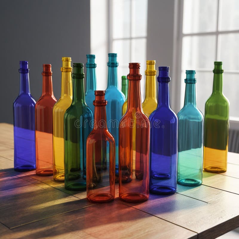 A Vibrant Display of Multi-colored Bottles Arranged on a Table Stock ...