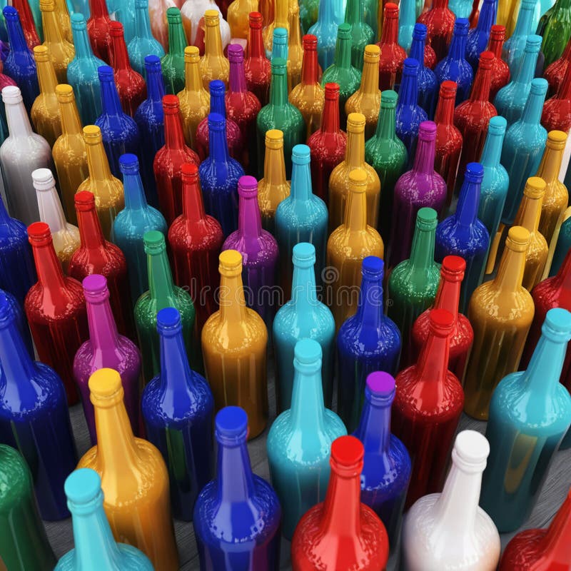 A Vibrant Display of Multi-colored Bottles Arranged on a Table Stock ...