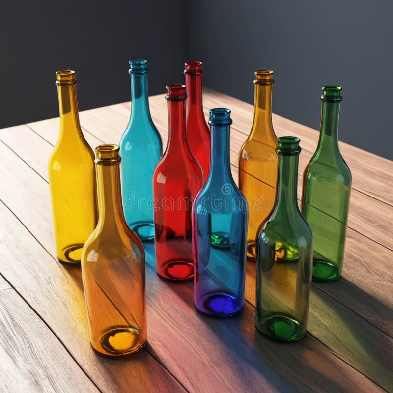 A Vibrant Display of Multi-colored Bottles Arranged on a Table Stock ...