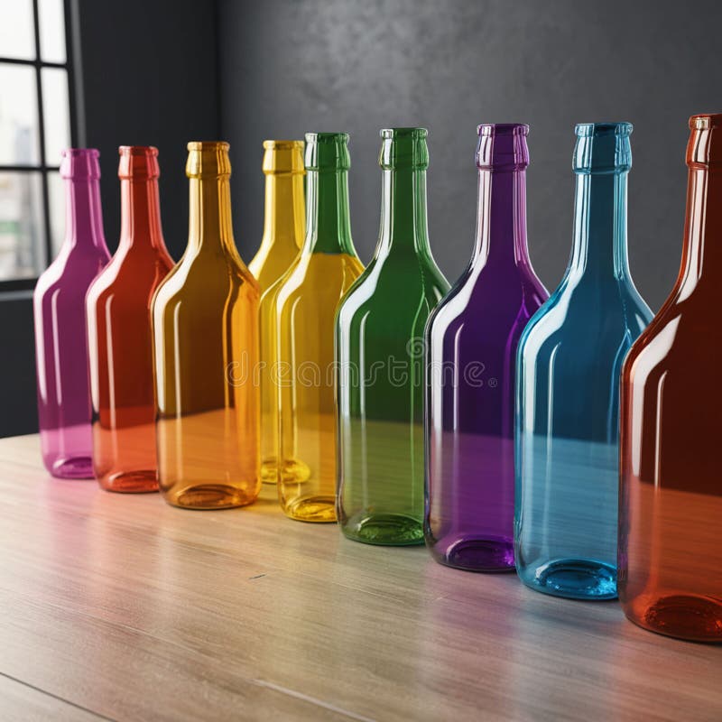 A Vibrant Display of Multi-colored Bottles Arranged on a Table Stock Illustration - Illustration ...