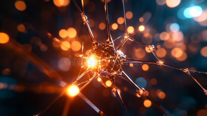 Close-up View of an Electric Neuron with Glowing Synapses in a Digital ...