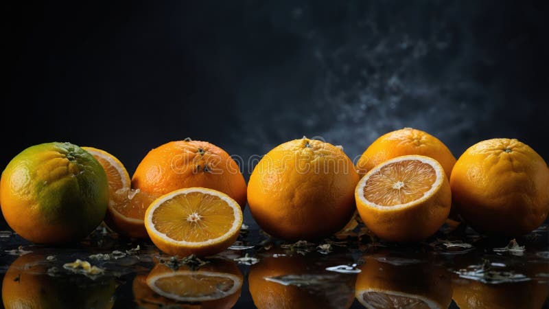A Vibrant Display of Oranges, Showcasing Whole and Sliced Fruit Against ...