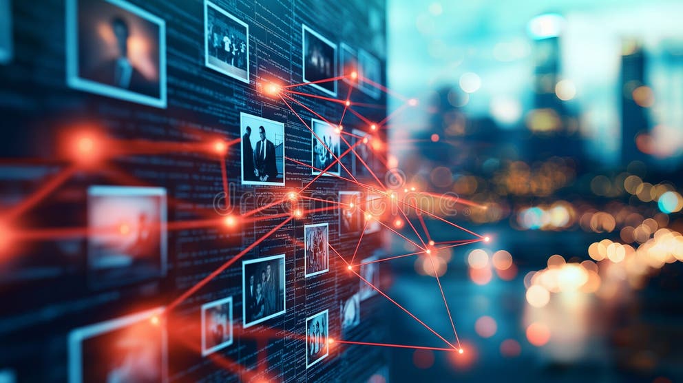 Vibrant Display of Photographs on Wall Interconnected with Glowing ...