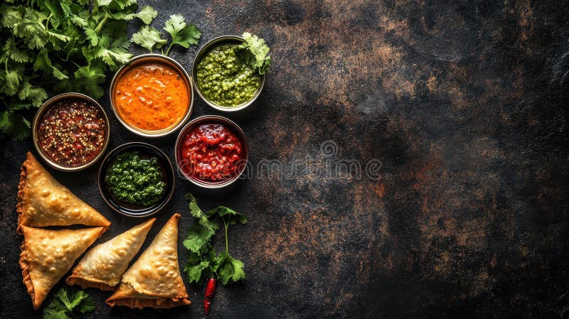 A Vibrant Display of Samosas with Various Colorful Chutneys and Fresh ...
