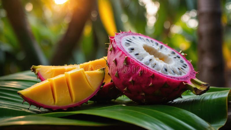 Tropical Fruits: Juicy Mango and Dragon Fruit on Green Leaf Stock ...
