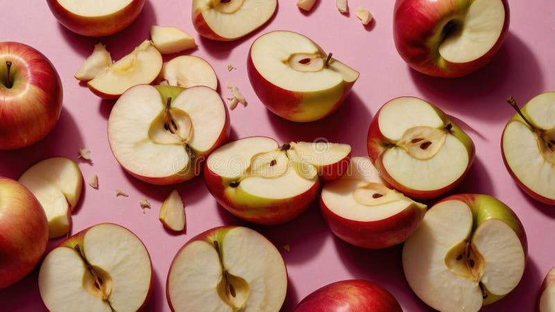 A Vibrant Display of Sliced Red Apples on a Pink Background ...