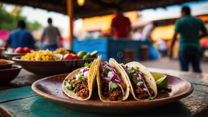 A Vibrant Display of Tacos on a Rustic Table at a Lively Outdoor Market ...