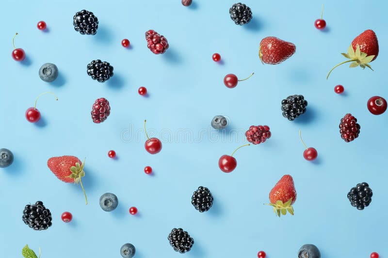 Vibrant Display of Various Berries in Different Shapes, Sizes on Blue ...