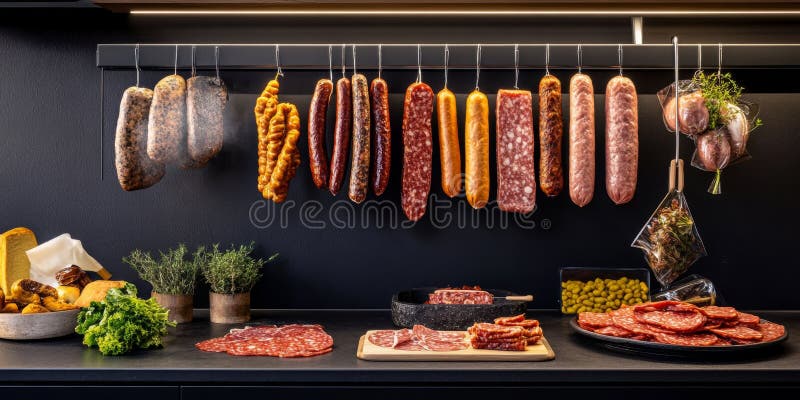 A Vibrant Display of Various Cured Meats Hangs Creatively Against a ...
