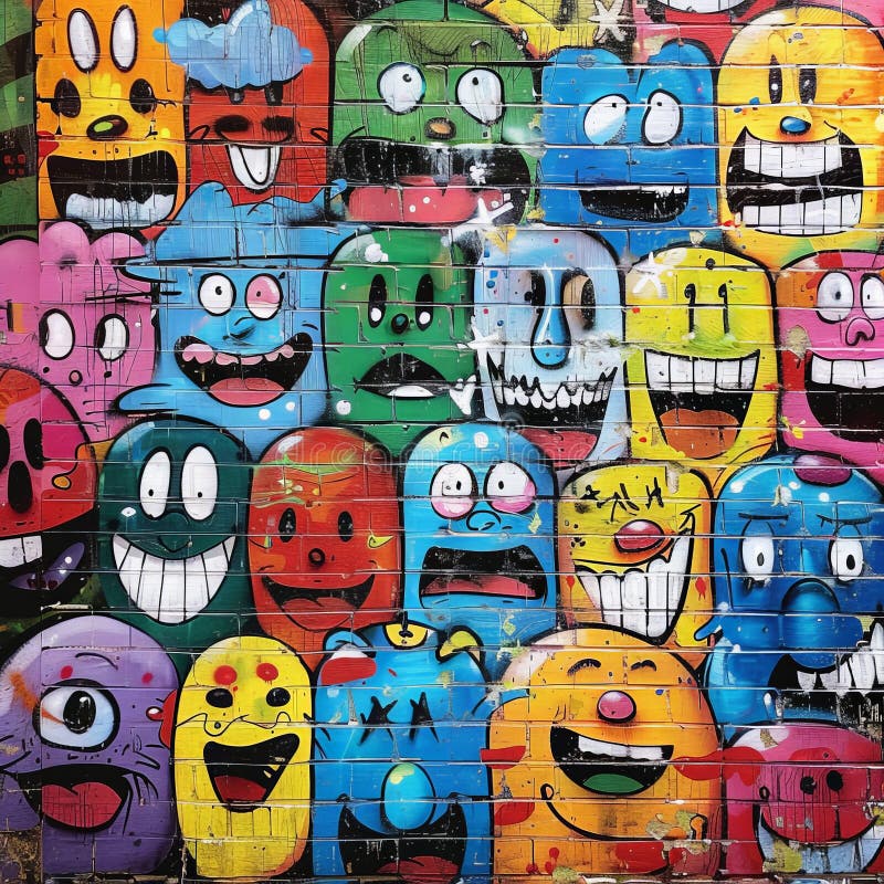 Colorful Faces Painted on Brick Wall Stock Illustration - Illustration ...