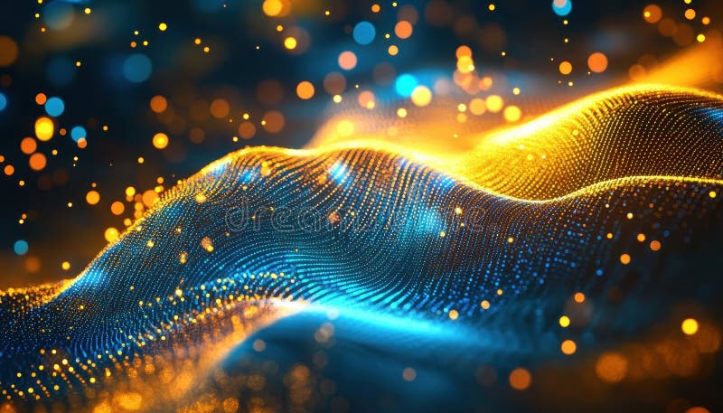 A Vibrant Display of Waves in Blue and Gold Hues with Glowing Particles at Night Stock Image ...