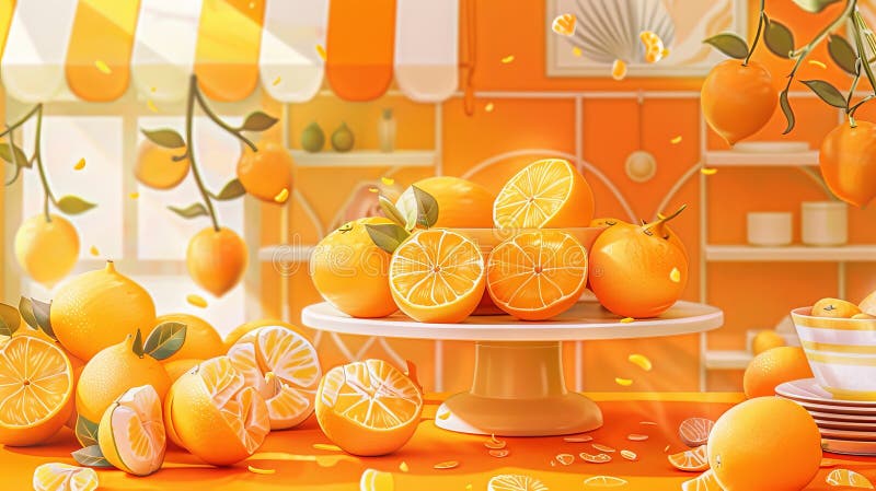 Vibrant Display of Whole and Halved Oranges on Bright Orange Backdrop ...