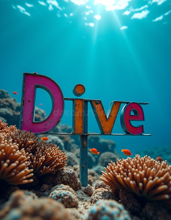 Vibrant Dive Sign Against Stunning Coral Reef Backdrop Stock ...