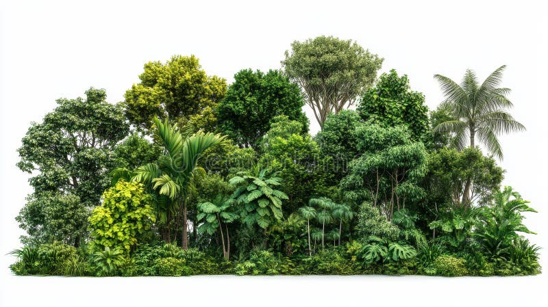 Vibrant Diverse Greenery with Various Trees and Plants on White. Stock ...