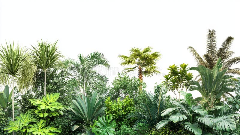 Vibrant Diverse Greenery with Various Trees and Plants on White. Stock ...