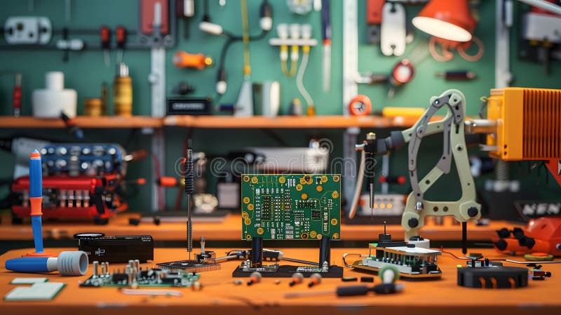DIY Electronics Workshop Scene with Circuit Boards Stock Illustration ...