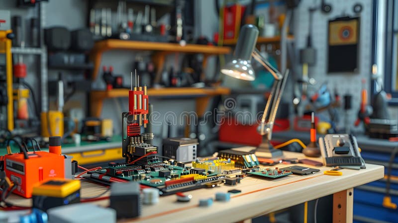 DIY Electronics Workshop Scene with Tools and Components Stock ...