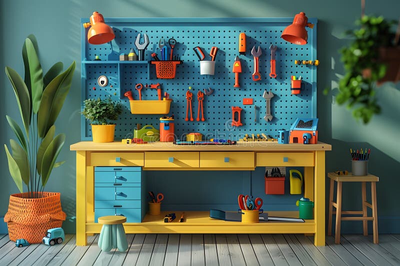 Colorful DIY Projects Workbench with Tools and Plants in Modern ...