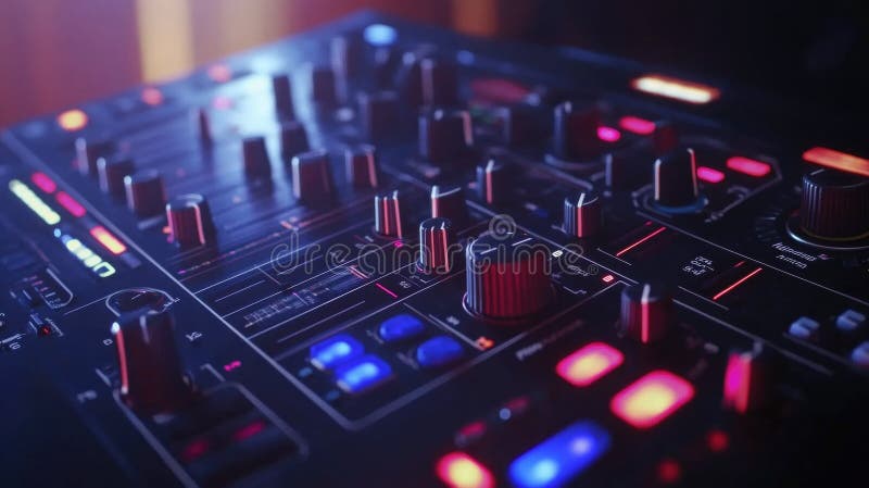 Vibrant Dj Mixer Console with Colorful Led Lights in a Dimly Lit Studio ...