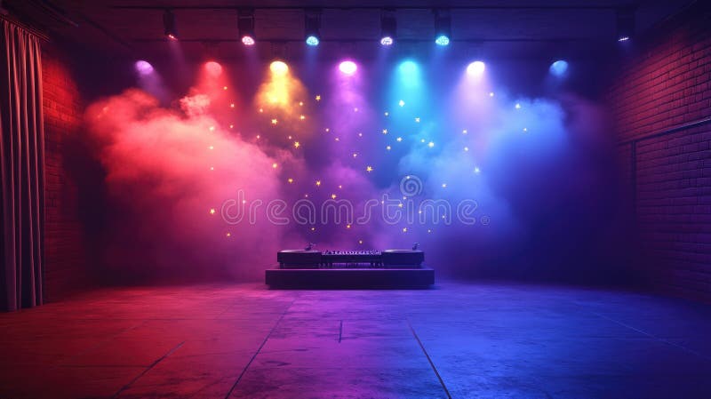 Vibrant Dj Stage with Colorful Lights and Smoke Effects in an Empty ...