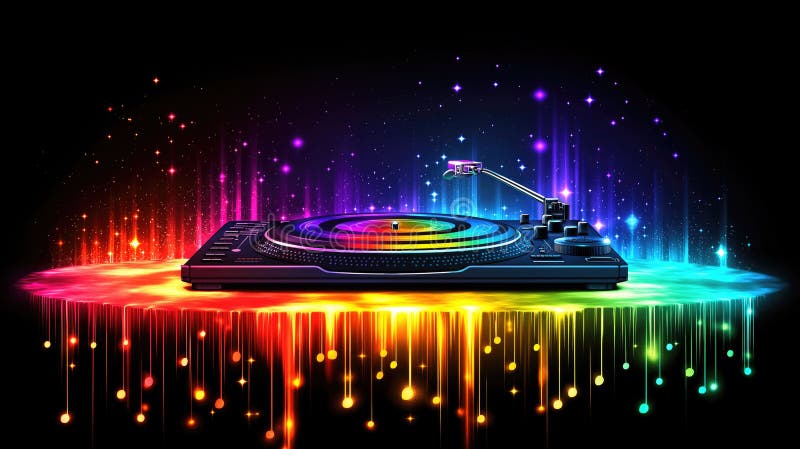 Vibrant Dj Turntable with Rainbow Colors and Light Trails on Black ...