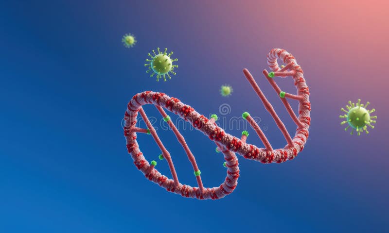 Vibrant DNA Helix Surrounded by Colorful Virus Particles, Illustrating ...