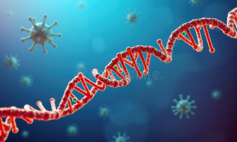 Vibrant DNA Helix Surrounded by Virus Particles, Illustrating ...
