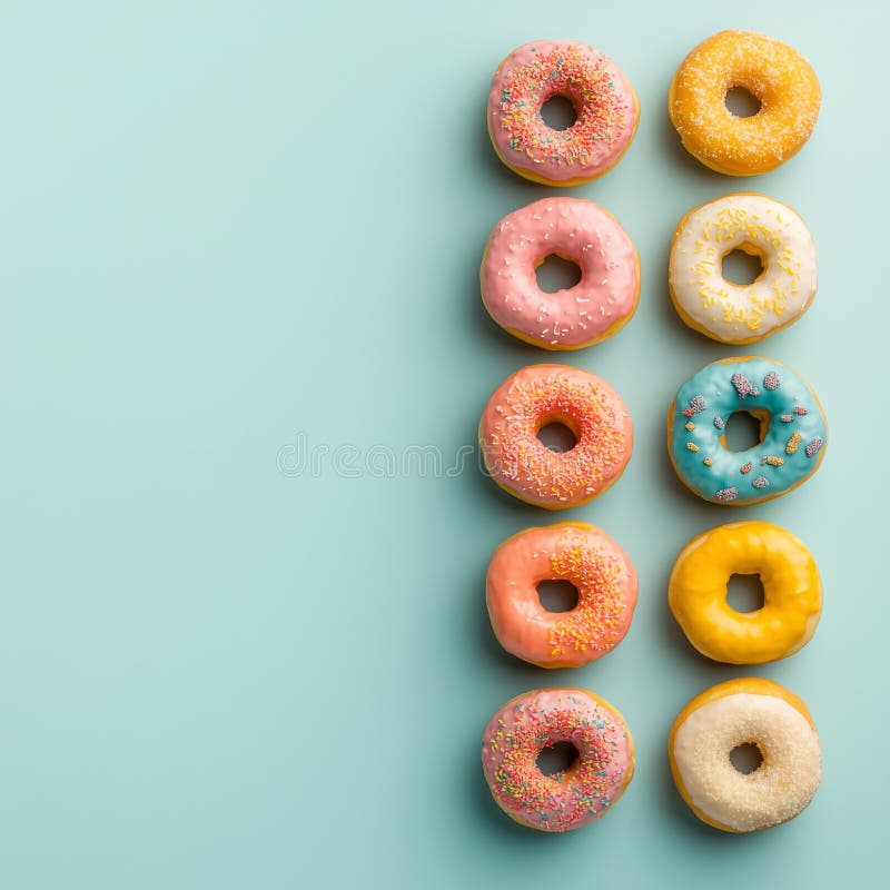 Vibrant Donuts with Sprinkles in Pastel Colors Against Light Blue ...