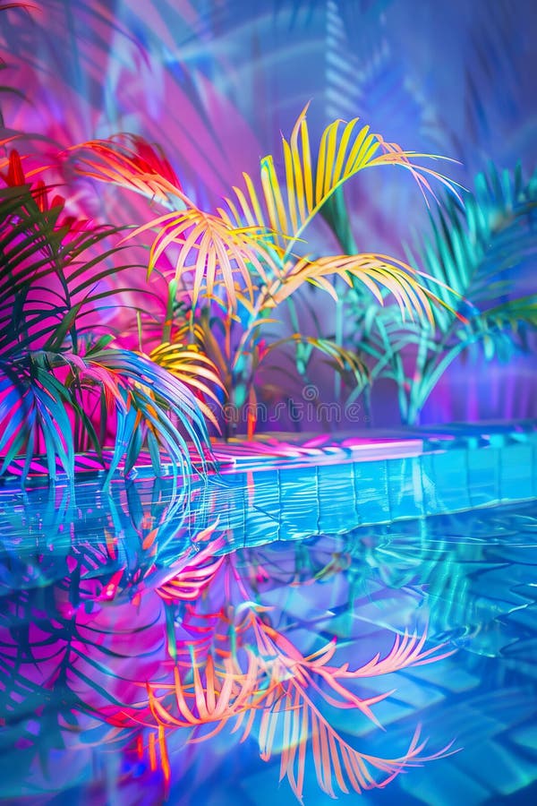 Vibrant Double Exposure of Colorful Pool Party with Neon Palm ...